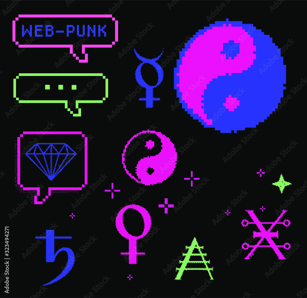 Set of different stickers: alchemical sacred symbols, yin and yang ...