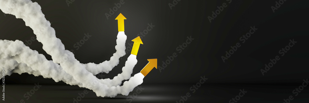 Wide banner of a rocket arrow with a lot of smoke, original 3d ...