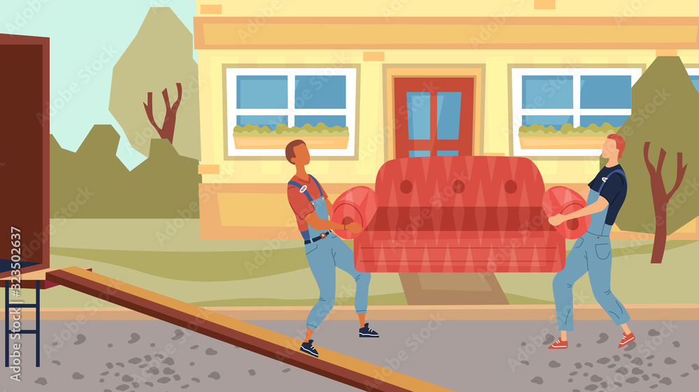 Moving and Real Estate Concept. Moving Service Workers In Coveralls are ...