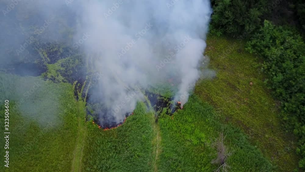Fire in the forest. Aerial shot of spreading fire through the green ...