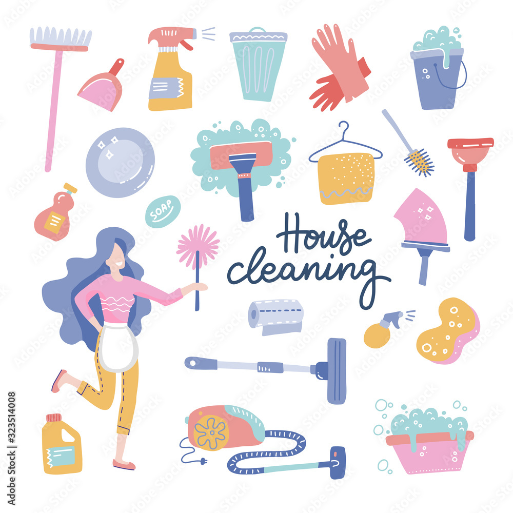 House Cleaning service woman character. Housekeeping icons of cleaning ...