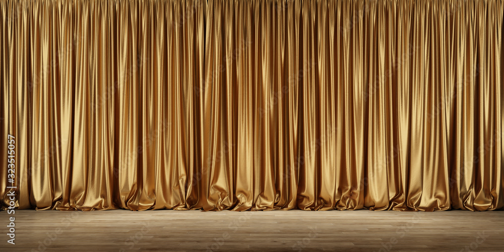 Theater stage with golden curtains. Stock Illustration | Adobe Stock