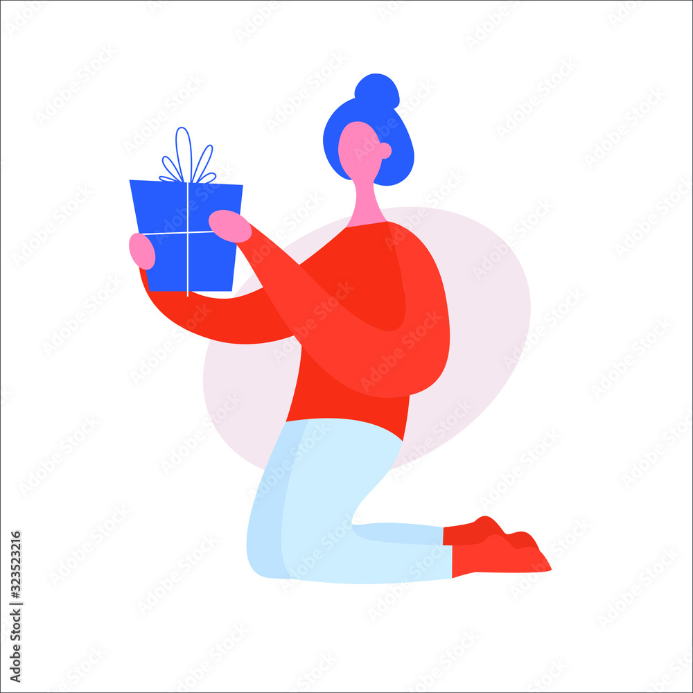 cartoon white young woman giving present in home cloth concepr cozy ...