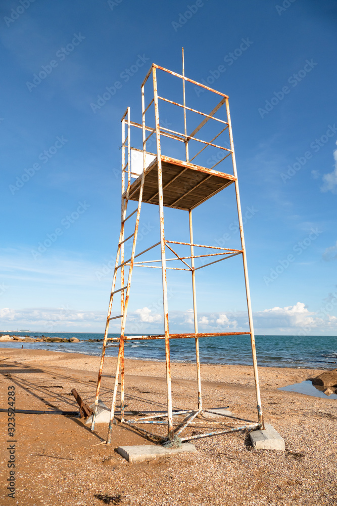 Rescue service. Rescue observation post on beach Metal construction for ...