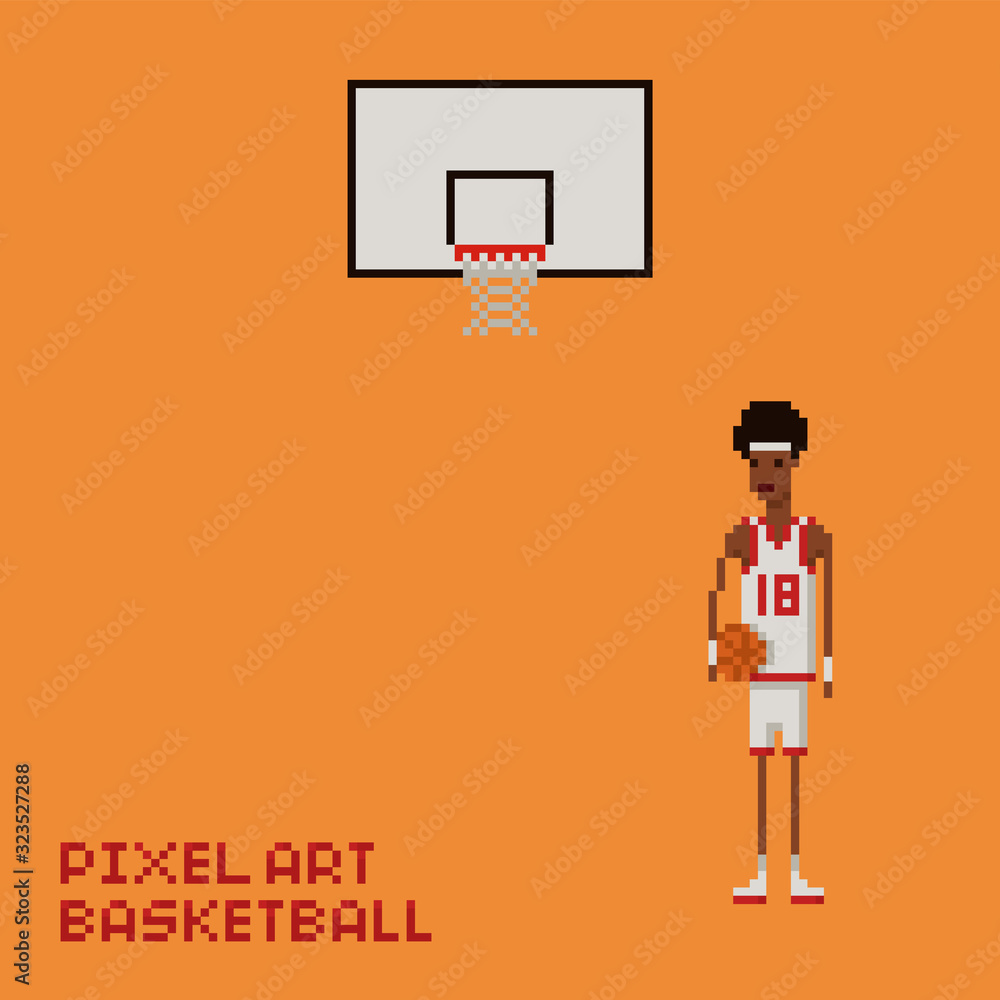 Pixel art style young black man basketball player in white and red ...