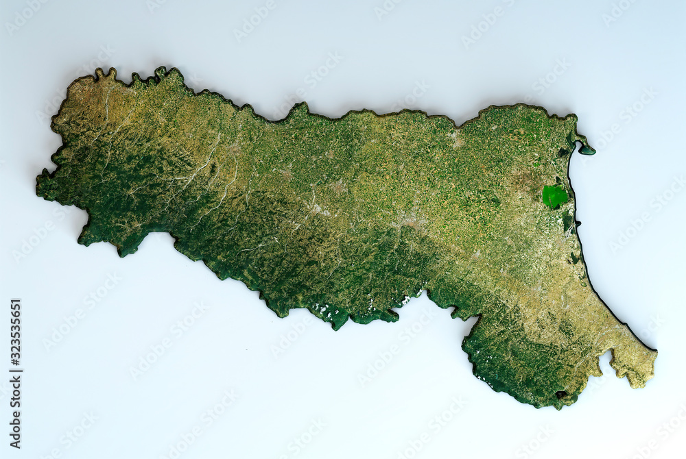 Satellite view of the Emilia-Romagna region. Italy. 3d render. Physical ...