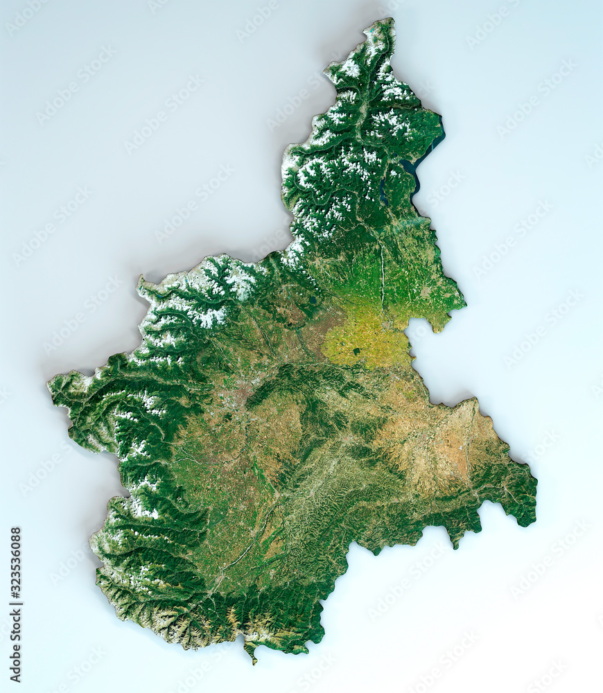Satellite view of the Piedmont region. Italy. 3d render. Physical map ...