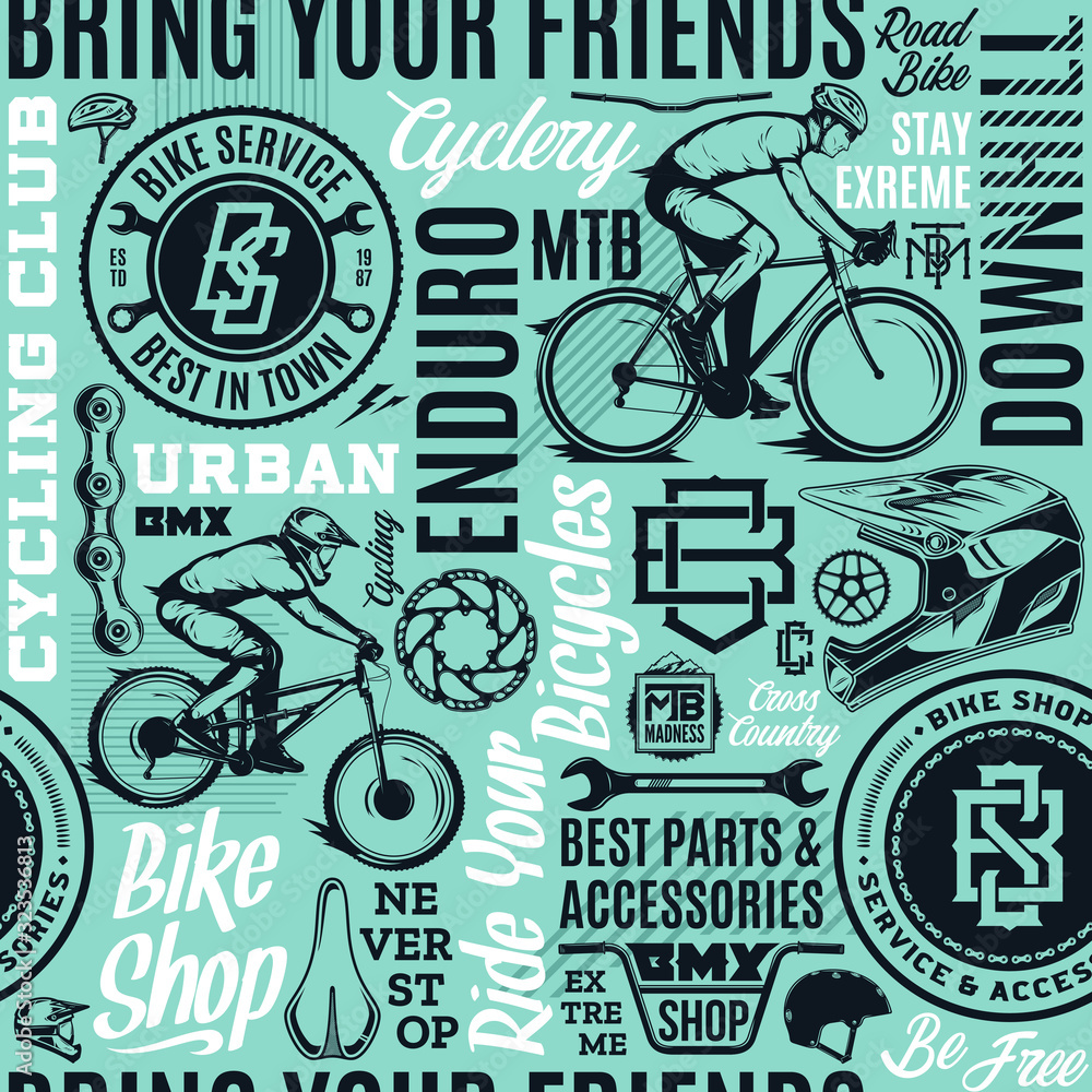 Vector bicycle seamless pattern or background in black, teal and white ...
