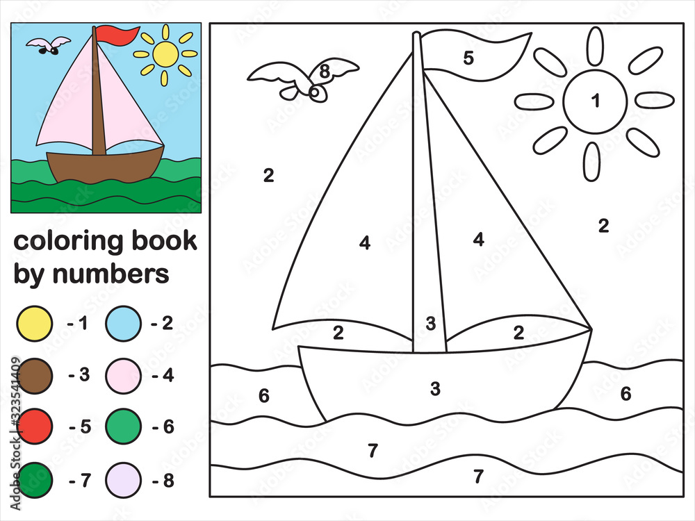 Cute boat vector coloring by numbers for kids. An educational coloring ...