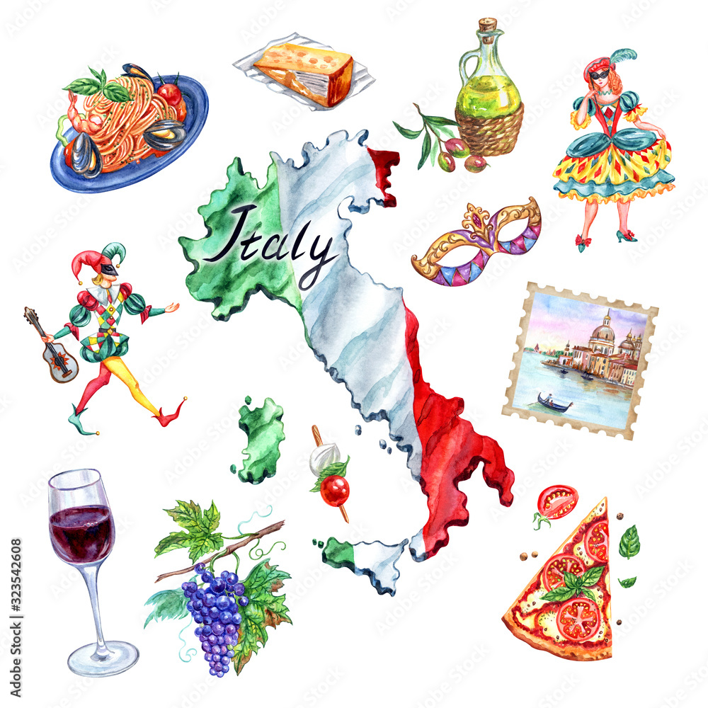 Map of Italy painted in the colors of the Italian flag and symbols of ...