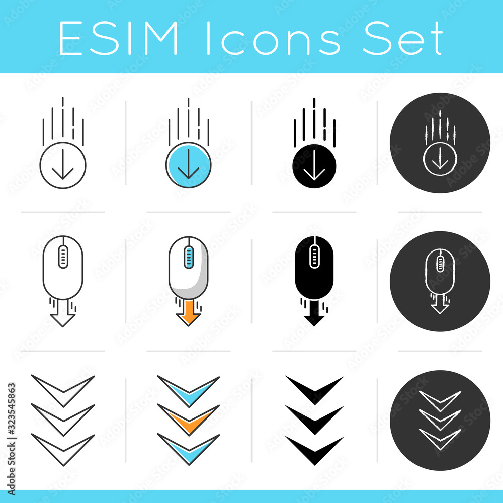 Scrolling down arrows icons set. Computer mouse and arrowheads in circles buttons. Internet page ...