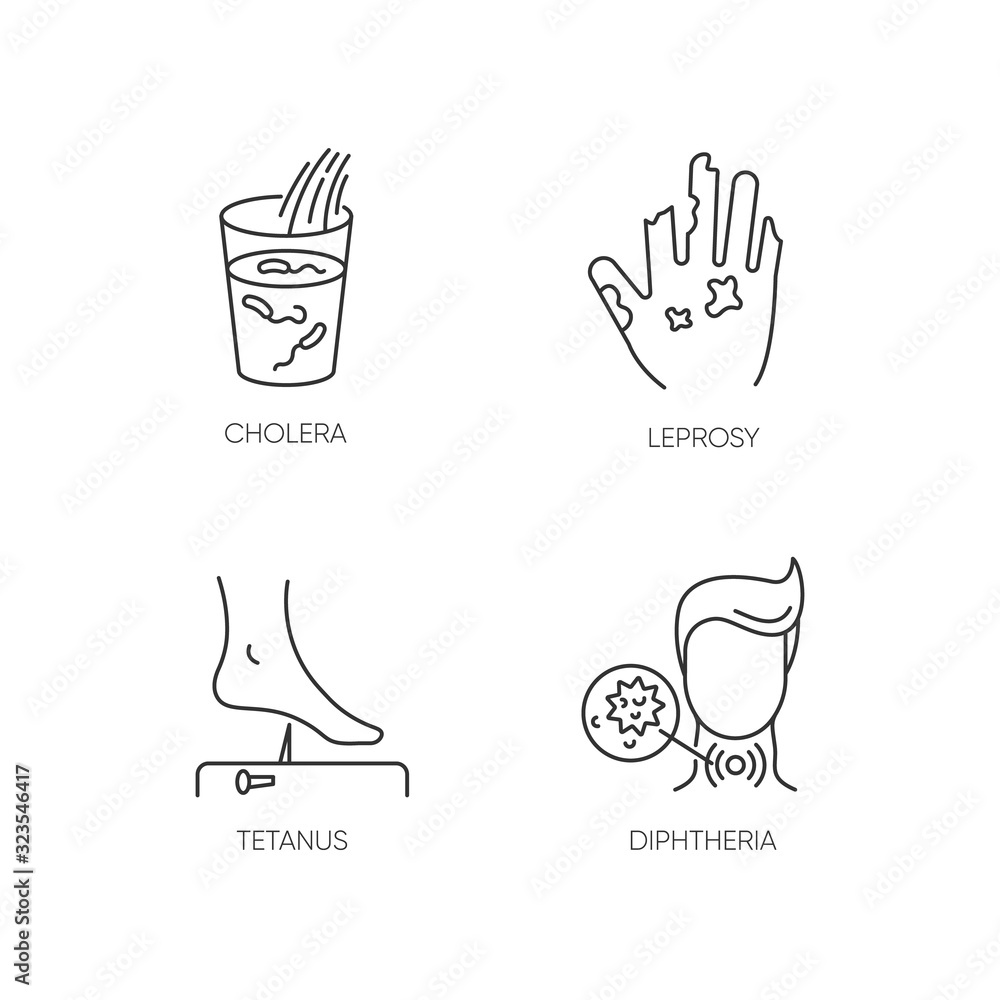 Endemic diseases pixel perfect linear icons set. Cholera, leprosy ...