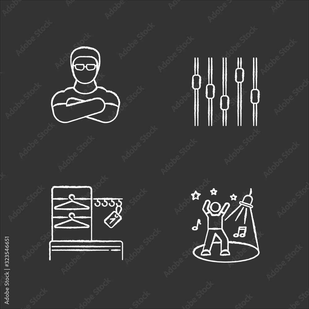 Nightclub chalk white icons set on black background. Face control, late ...