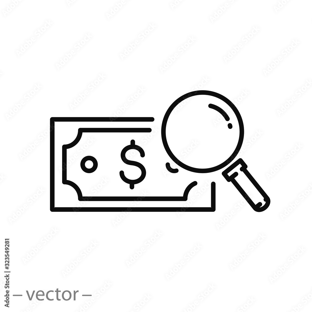 cash money under a magnifying glass icon, dollar bank bill, check ...