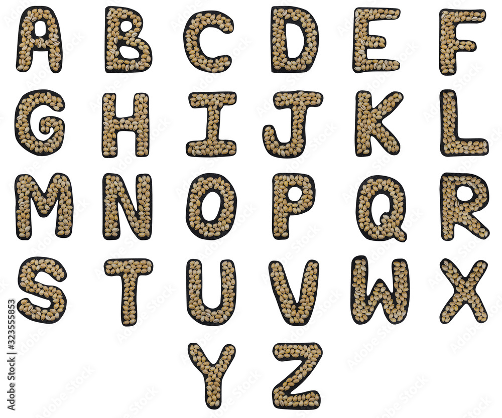Isolated Font English or Latin whole alphabet made of seashell on black ...