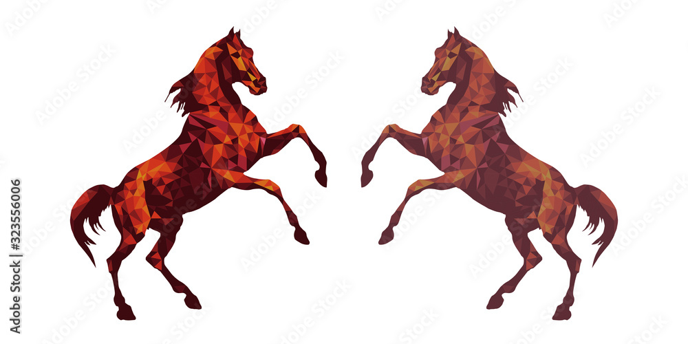 two red horses standing on their hind legs, isolated image on a white ...