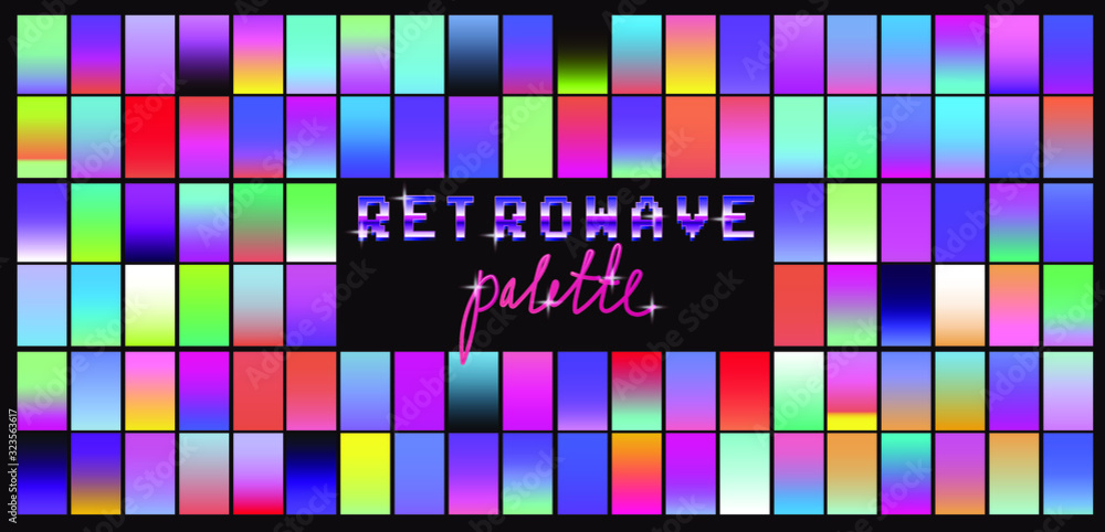 Set of duotone and holographic swatches for trendy coloring. Retrowave ...