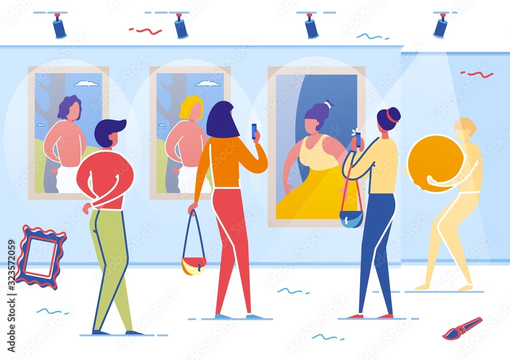 Women Friends Coming to Art Gallery to Look at Famous Artworks Flat ...