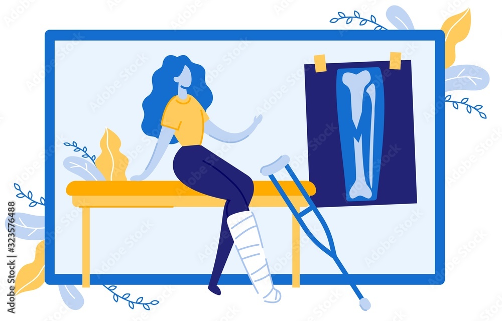 Female Character Sitting on Couch with Foot Fracture Looking at Xtay Picture with Broken Leg ...