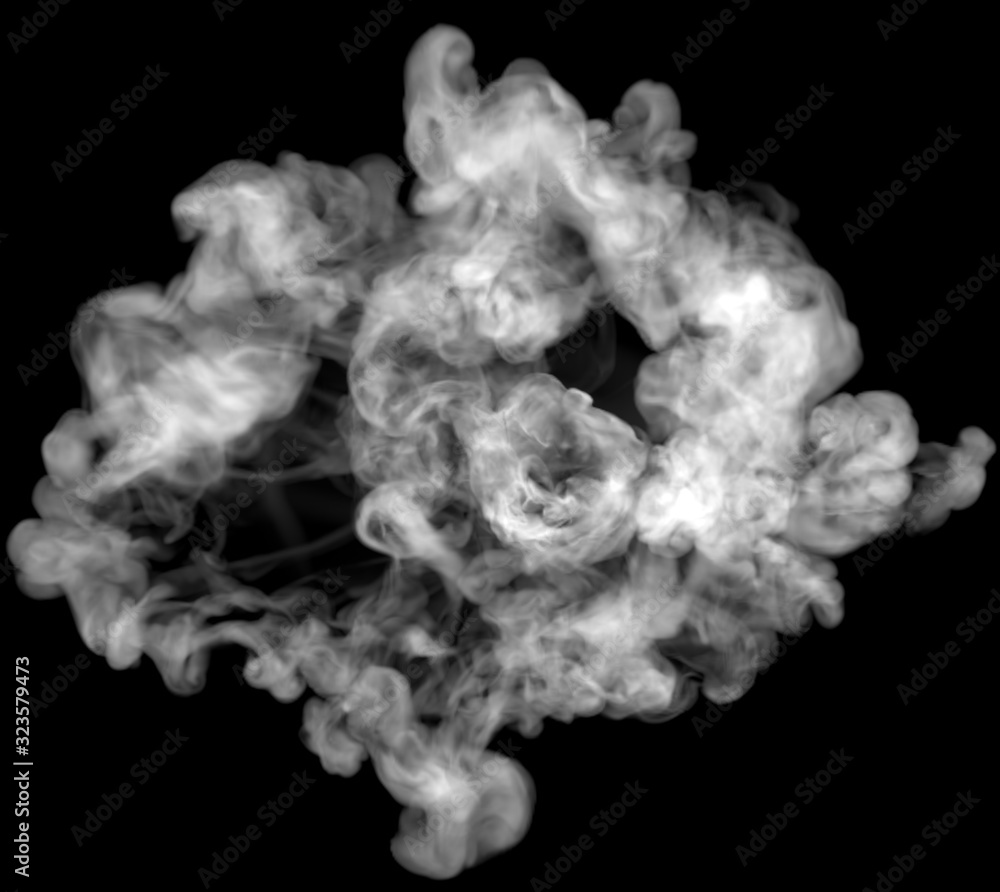 White water vapor steam on a black background. Realistic dry smoke ...