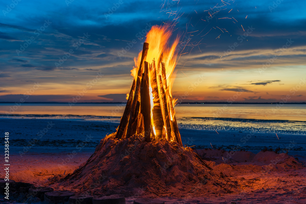 The big fire burns against the background of the night sky, close up ...