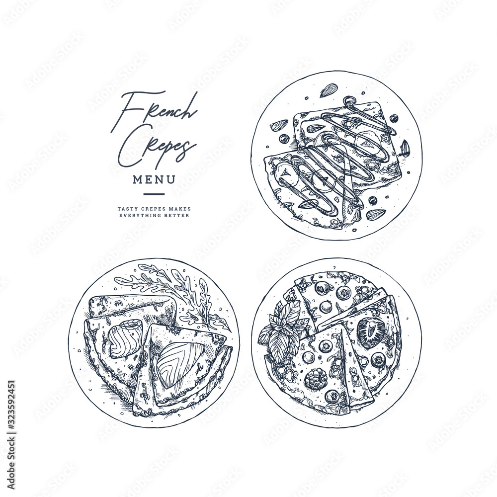 Crepes collection on white background. Top view. Cafe menu. French ...