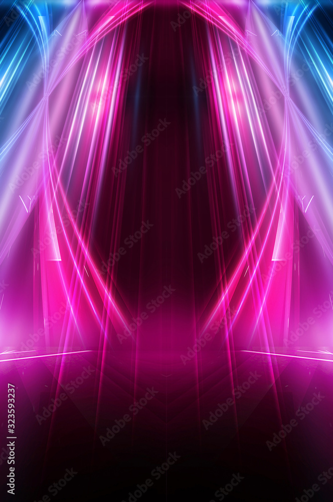 Abstract dark neon background with rays and lines. Blue and pink ...