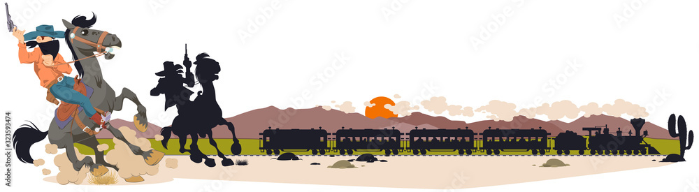 Wild west world. Robbery of train. Cowboy on horse. Stock Vector ...