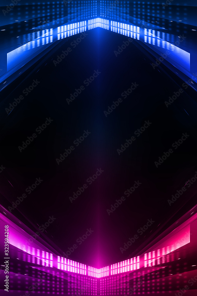 Abstract dark neon background with rays and lines. Blue and pink ...