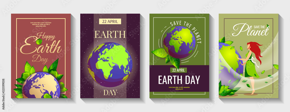 Set of cards for Earth Day, World Environment Day with globe and fresh ...