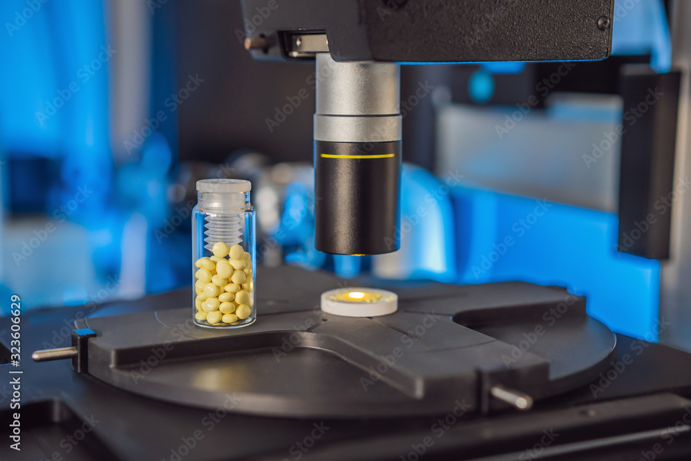 Science lab research safe of new drugs, microscope and pills ...