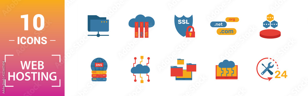 Web Hosting icon set. Include creative elements data structure, cloud technology, ssd, file ...