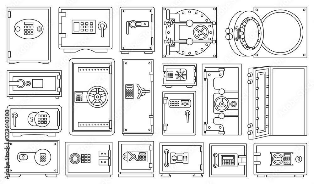 Bank safe vector outline set icon. Isolated set outline icon secure box ...