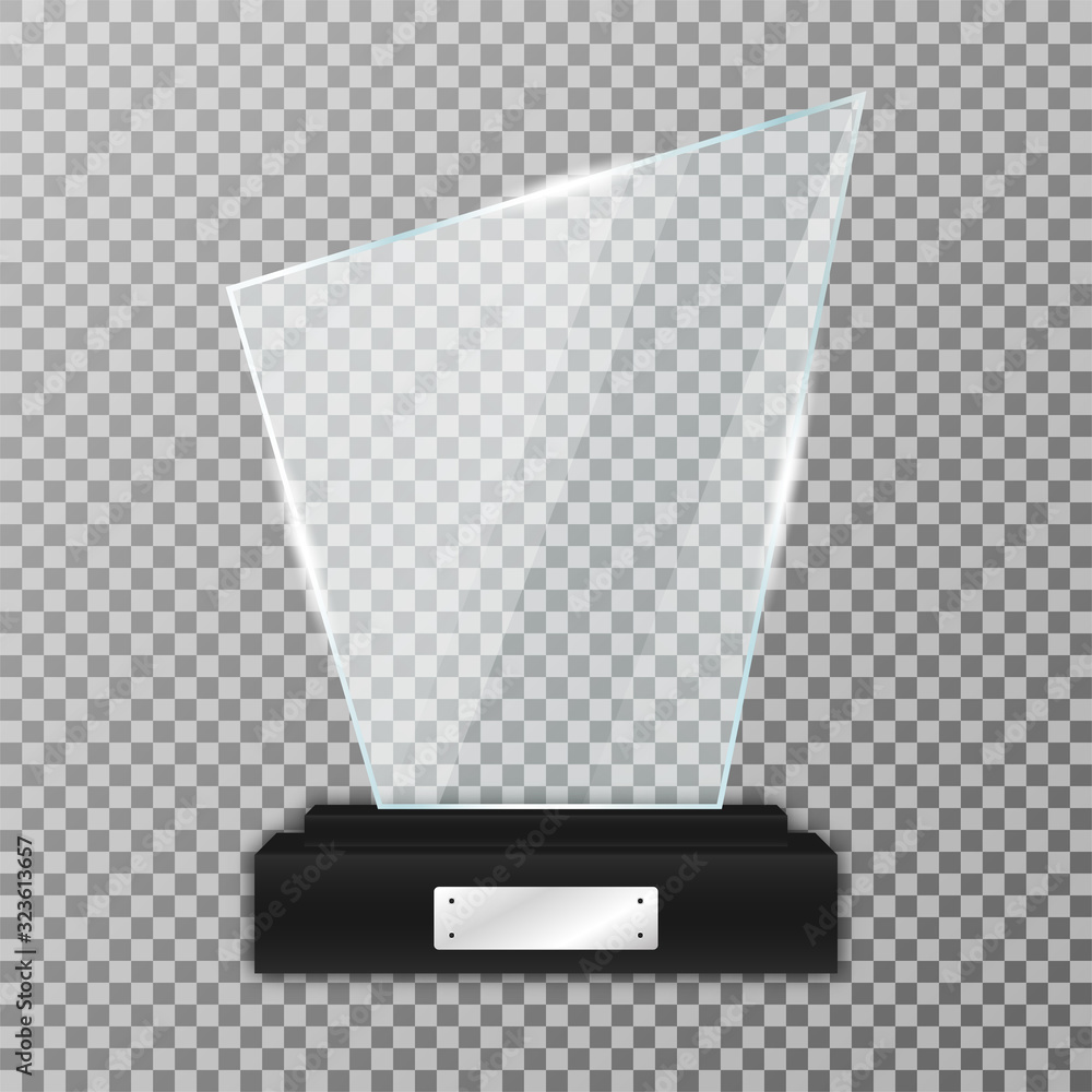 Glass trophy award on black stand. Realistic glass trophy with glares ...