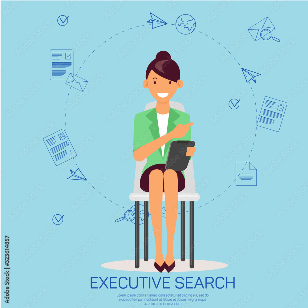 Executive Search Flat Cartoon Banner Vector Illustration. Woman with ...