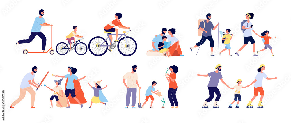 Family spend time together. Happy loving families leisure. Reading book ...