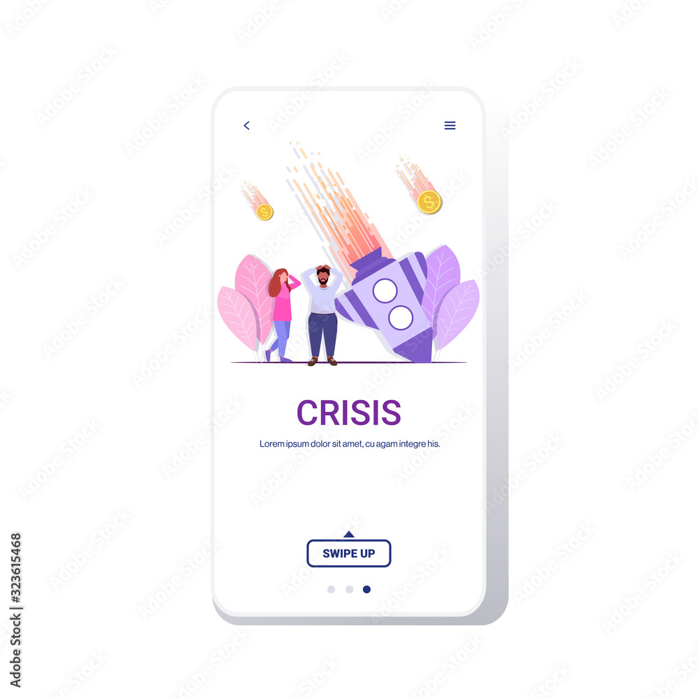 sad businesspeople standing near fallen rocket startup failure crash ...