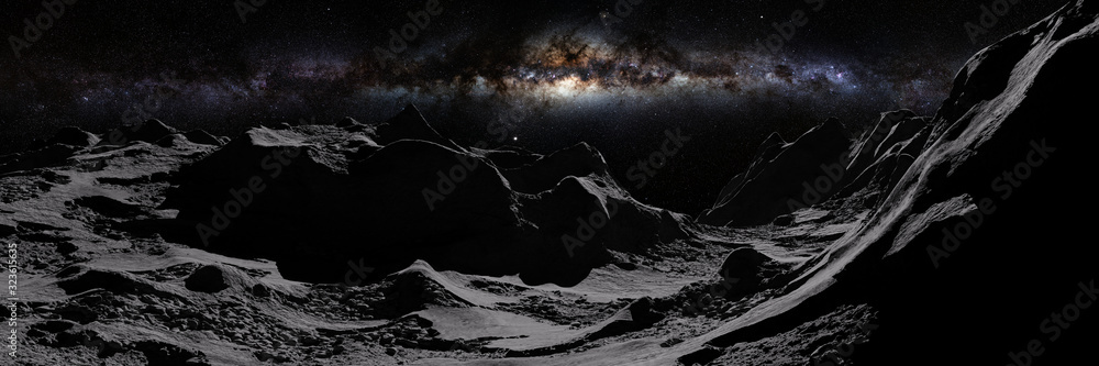 Moon surface, lunar landscape lit by the beautiful Milky Way galaxy ...