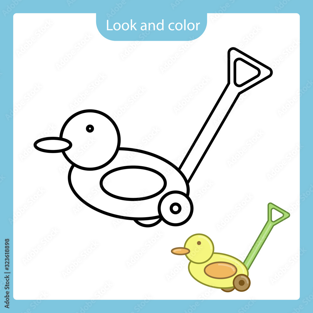 Coloring page outline of duck toy with example. Stock Vector | Adobe Stock