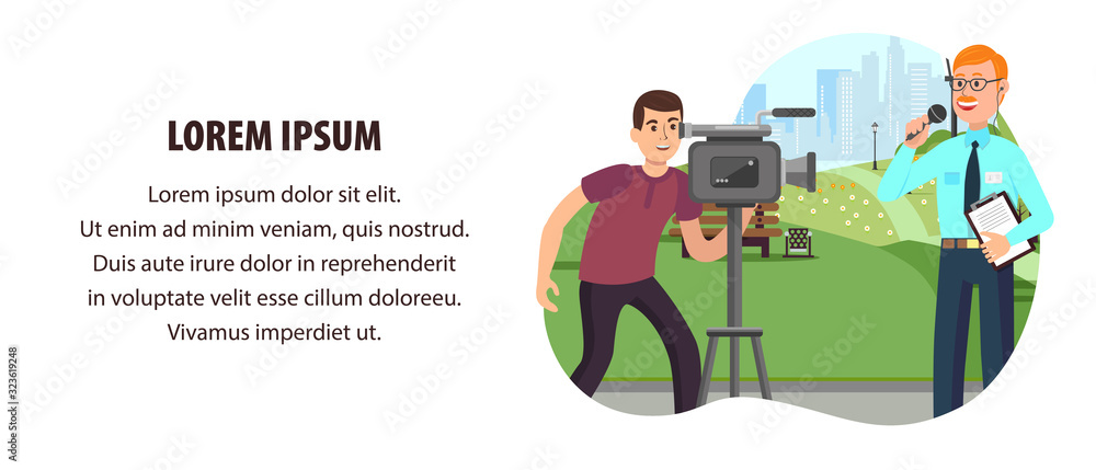 Reporter Speaks into Microphone. Videographer with Camera. Video ...