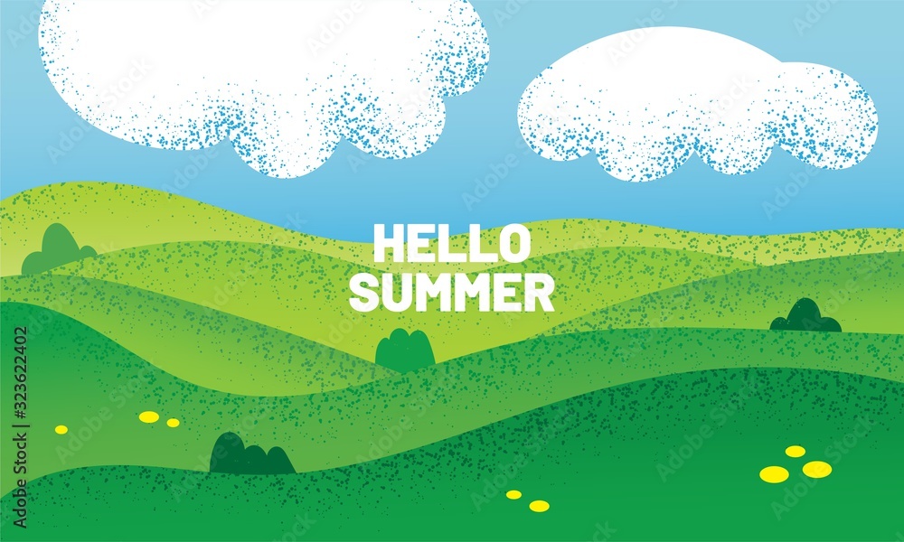 Hello summer cute landscape background with texture. Green fields ...
