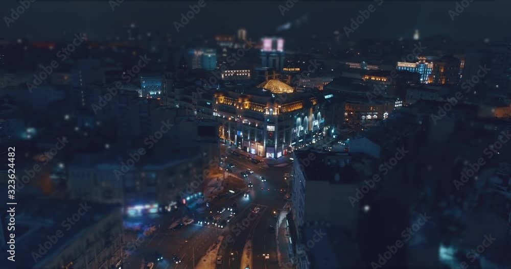 Aerial view of night streets in downtown Kyiv, Ukraine, with bright ...