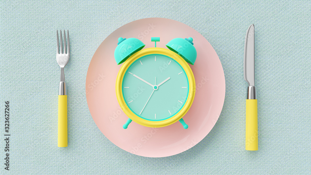 Alarm clock on the pink pastel plate with fork and knife on fabric blue ...