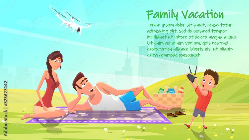 Family Vacation Flat Cartoon Banner Vector Illustration. Happy Members ...