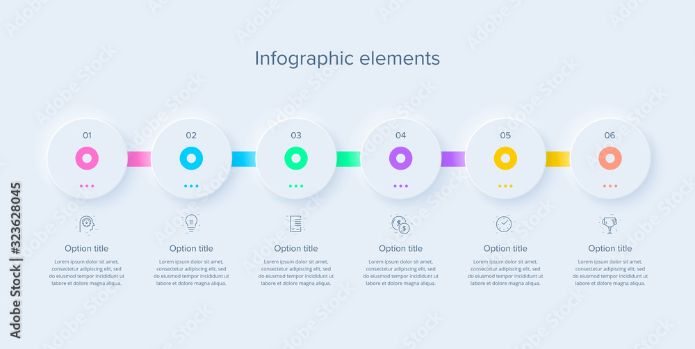 Business process chart infographics with 6 steps in neumorphism design ...