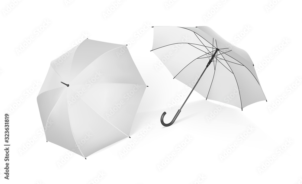 two white umbrellas from different sides isolated on white background ...