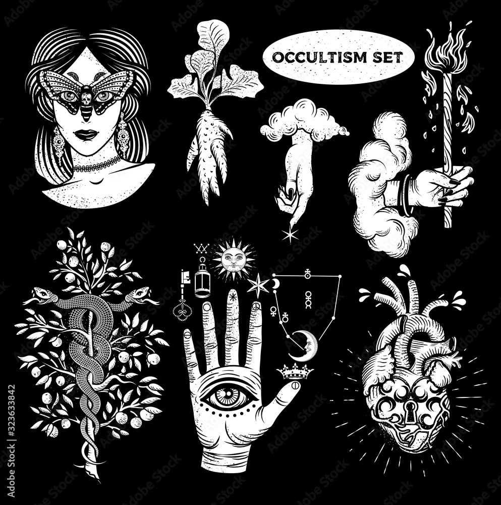 Occultism Set With Woman With Moth Eyes, Mandrake Root, Snakes On The ...