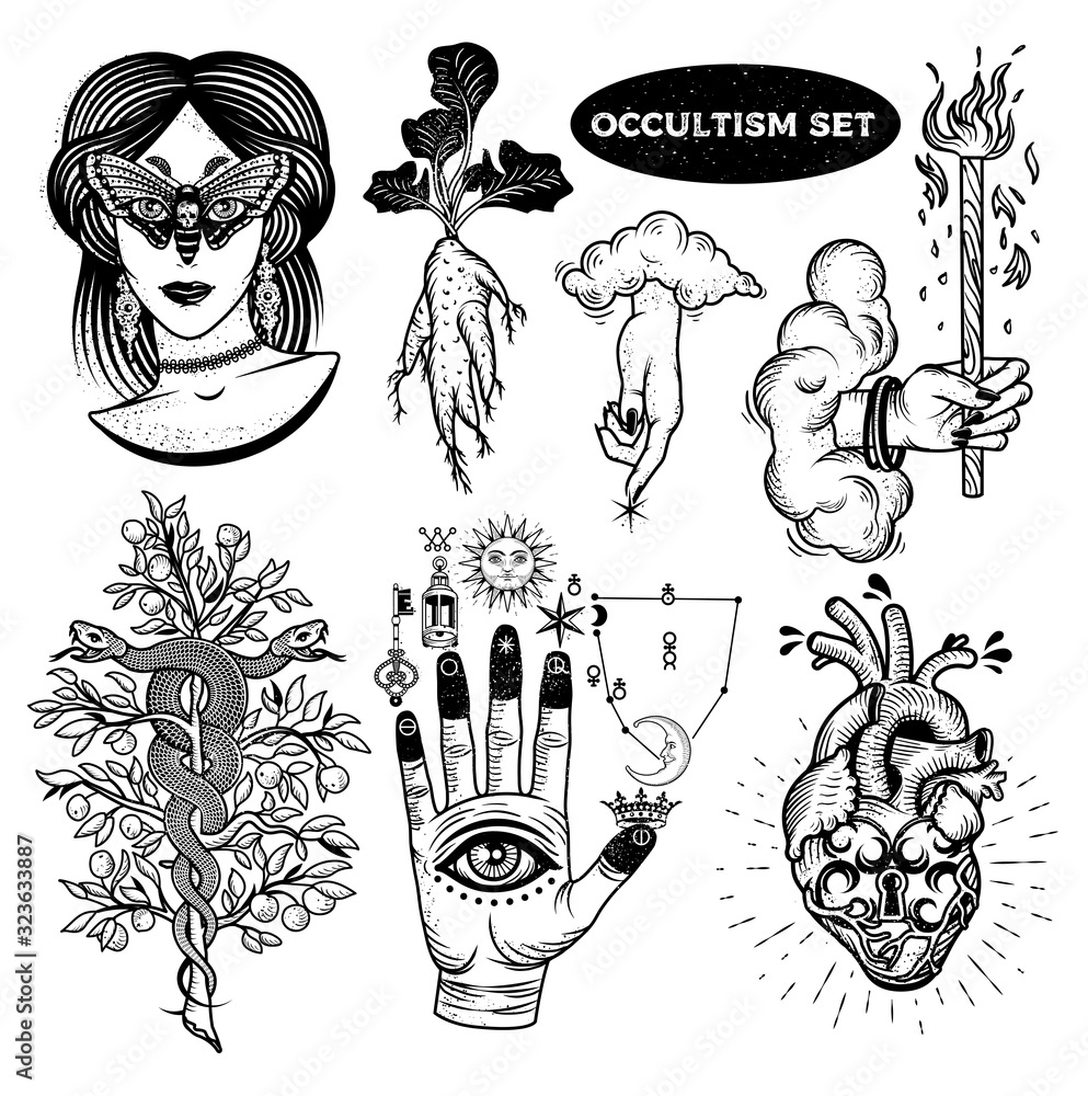 Occultism Set With Woman With Moth Eyes, Mandrake Root, Snakes On The ...