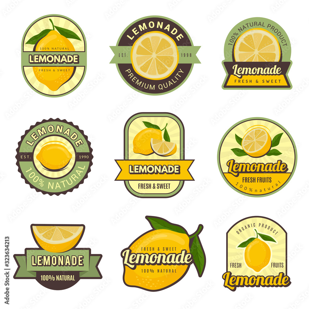 Lemon labels. Retro badges for cold juice drinks lemonade stamps for ...