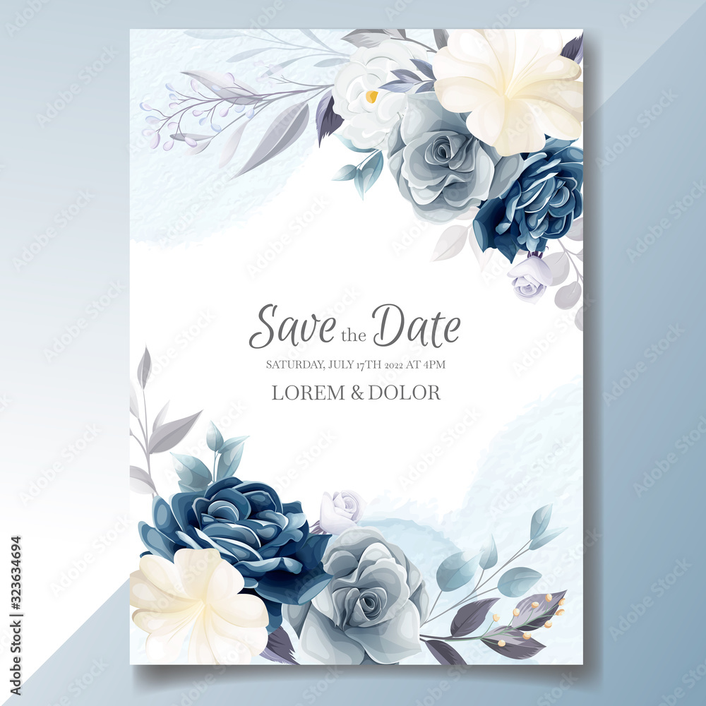 Navy blue floral wedding invitation card template with golden leaves ...